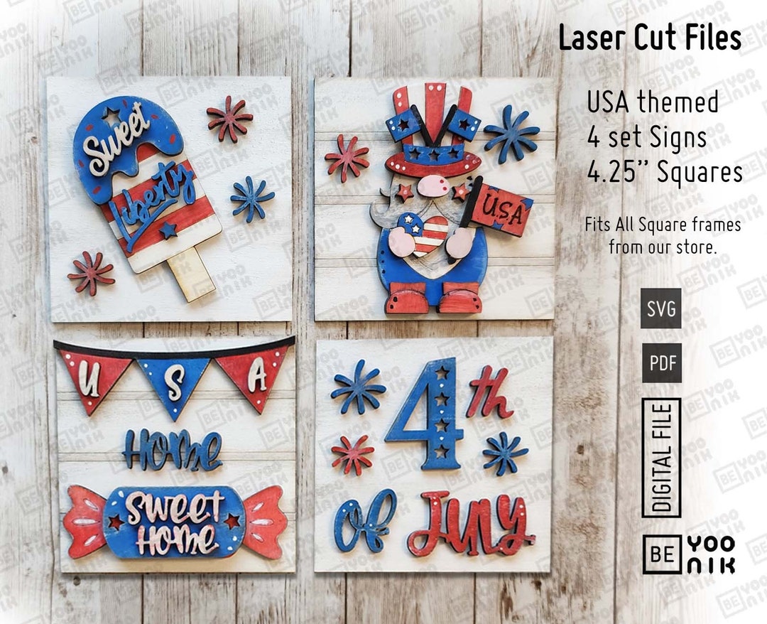 USA 4th of July Themed Square Signs Set of 4 Laser Cut Cutting Files in ...