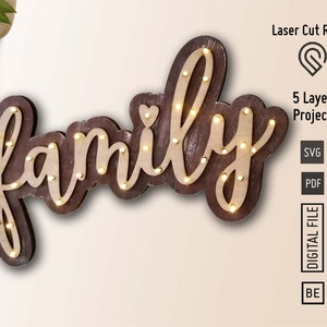 3d Word Led Light Box Family SVG and PDF, Laser Ready Files, Glowforge ...