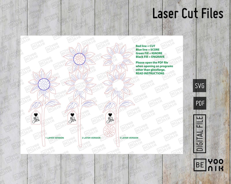 Flower Sunflower Stick With Tag for Laser Cutting in SVG and PDF ...