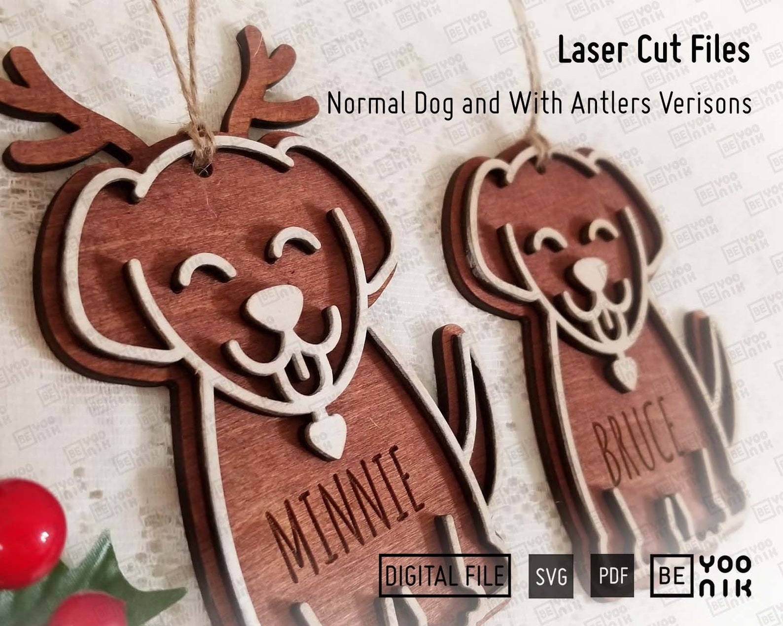 Dog Gingerbread Ornament in SVG, PDF. Dog With Deer Antlers Gingerbread ...