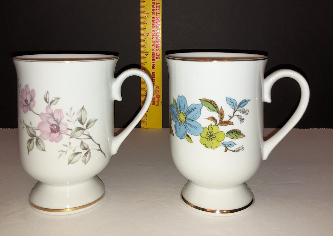 Vintage Royal Domino Porcelain Tea Cups: 1950s Floral Pedestal Coffee ...
