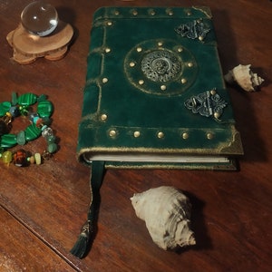 Green and Gold Leather Book Leather Aged Grimoire Vintage Emerald Green ...