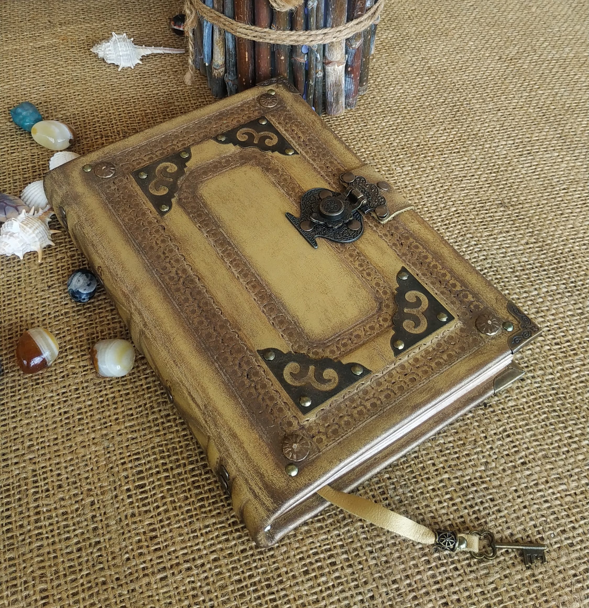 Leather Notebook Vintage Gold Book Unique Book of Shadows Handmade Gold ...