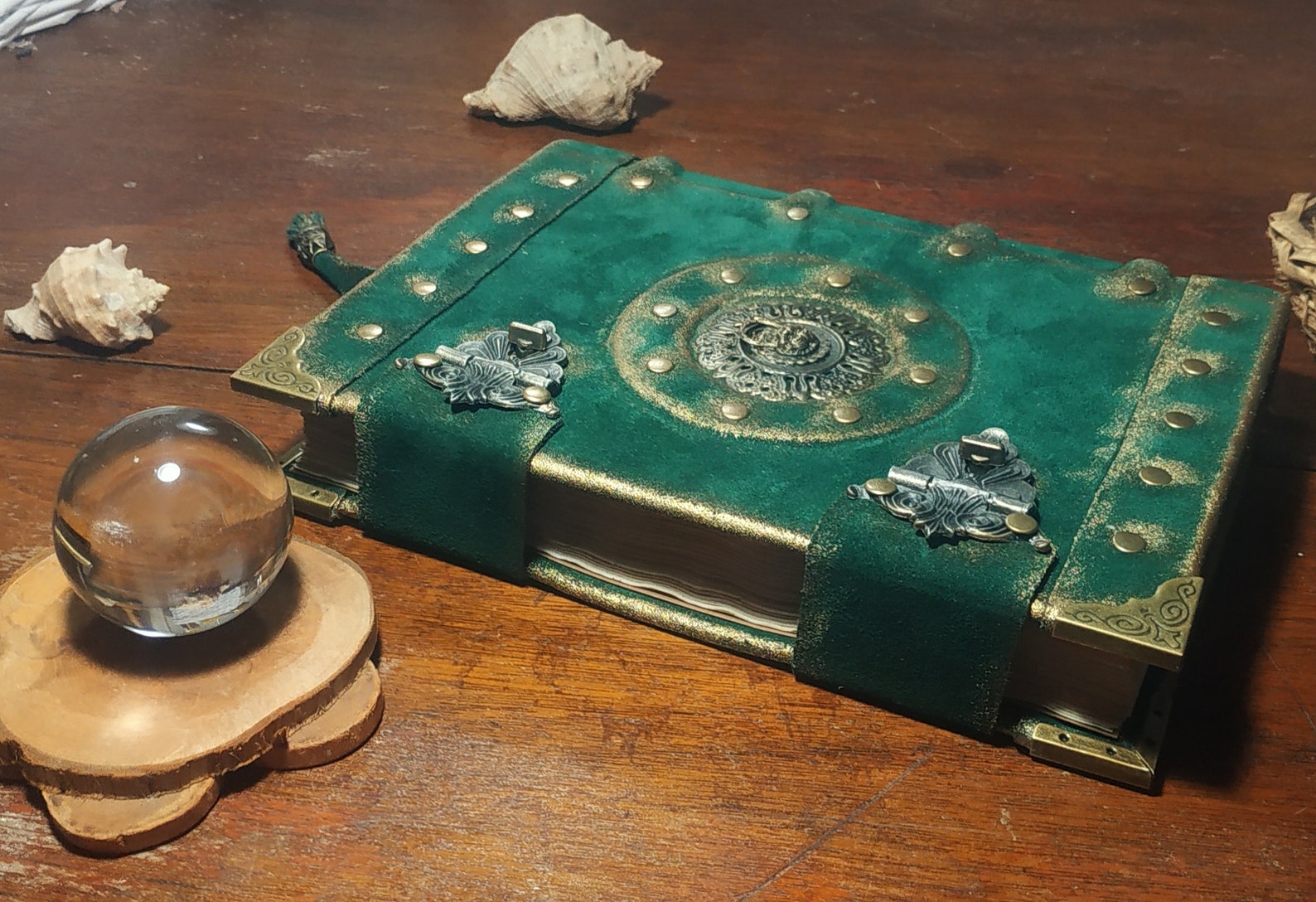 Green and Gold Leather Book Leather Aged Grimoire Vintage Emerald Green ...