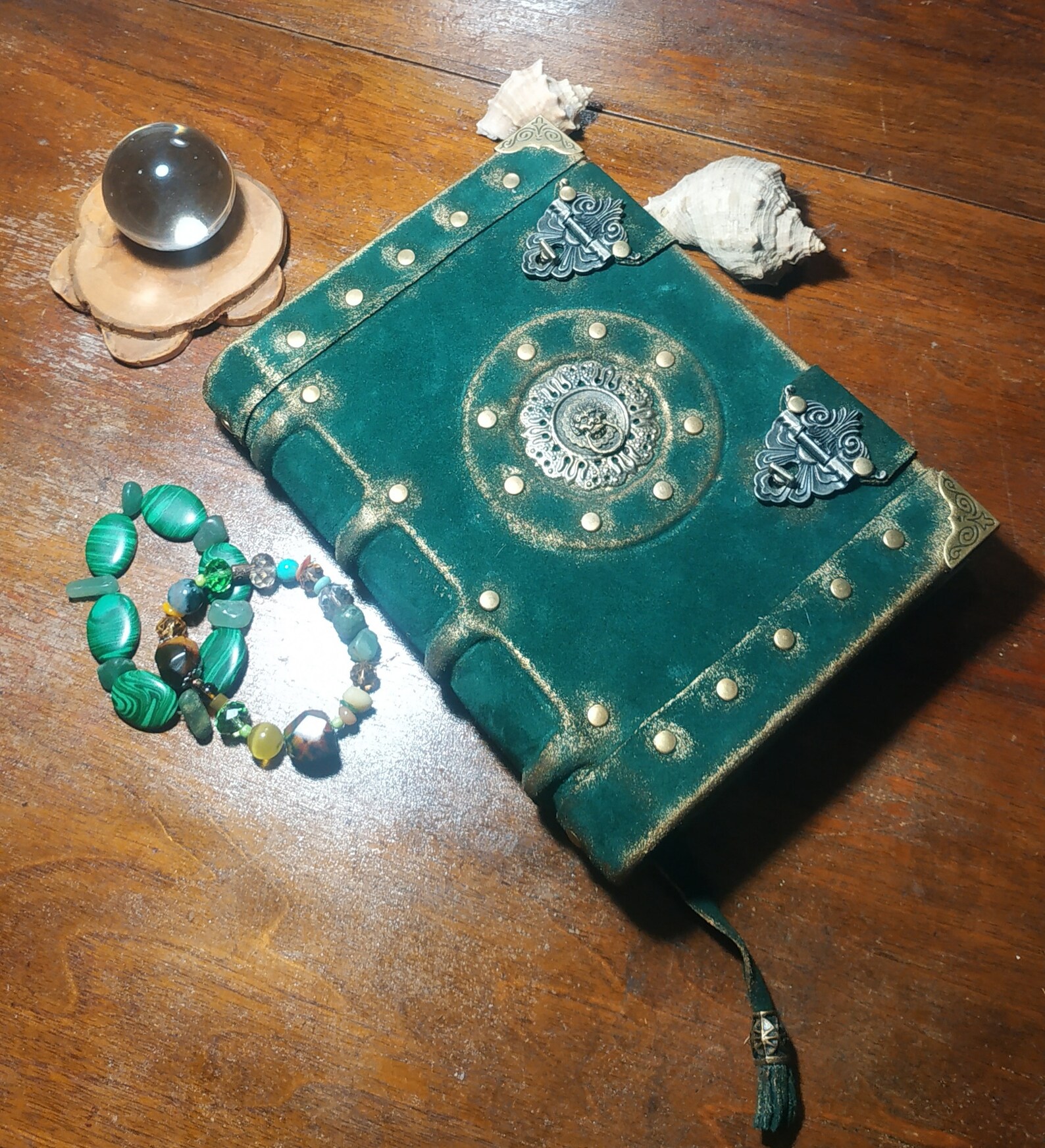Green and Gold Leather Book Leather Aged Grimoire Vintage Emerald Green ...