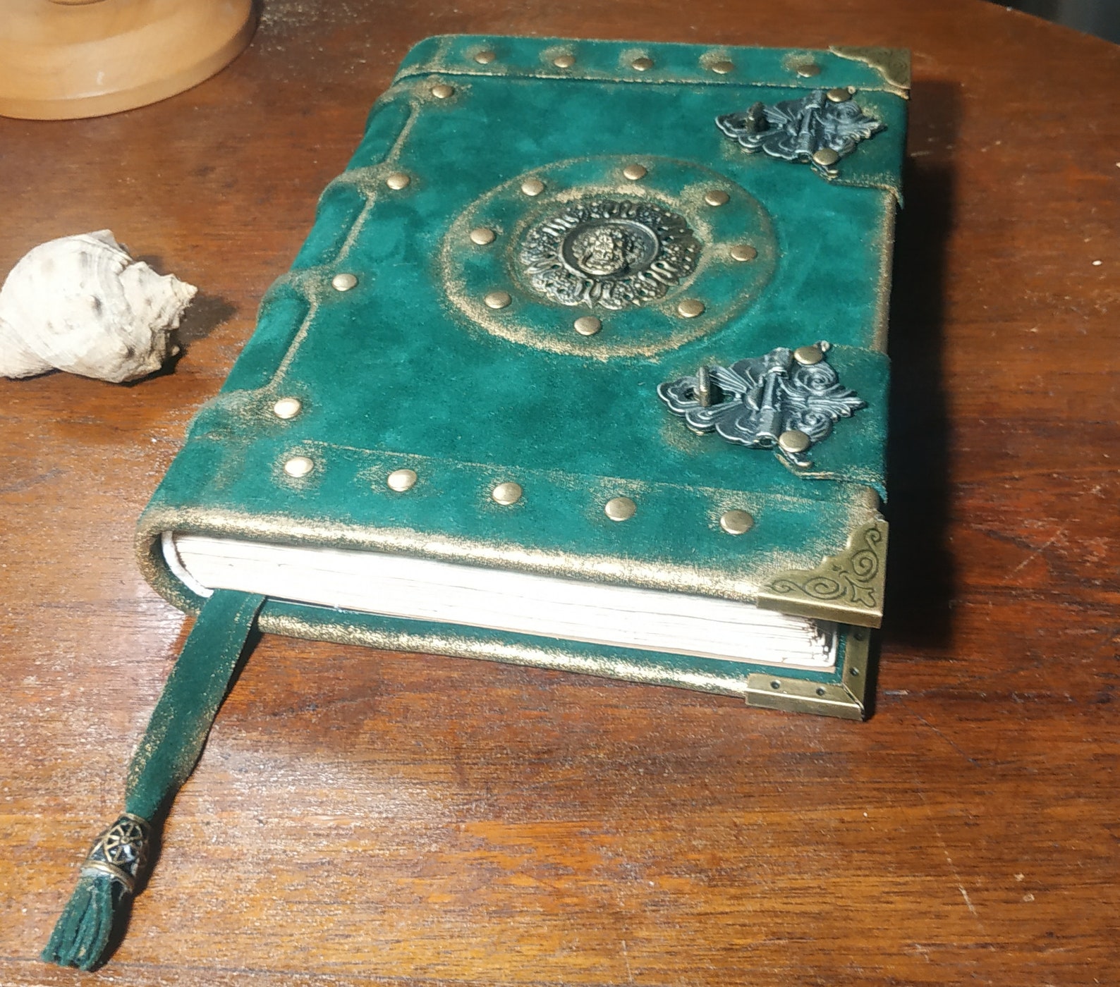 Green and Gold Leather Book Leather Aged Grimoire Vintage Emerald Green ...