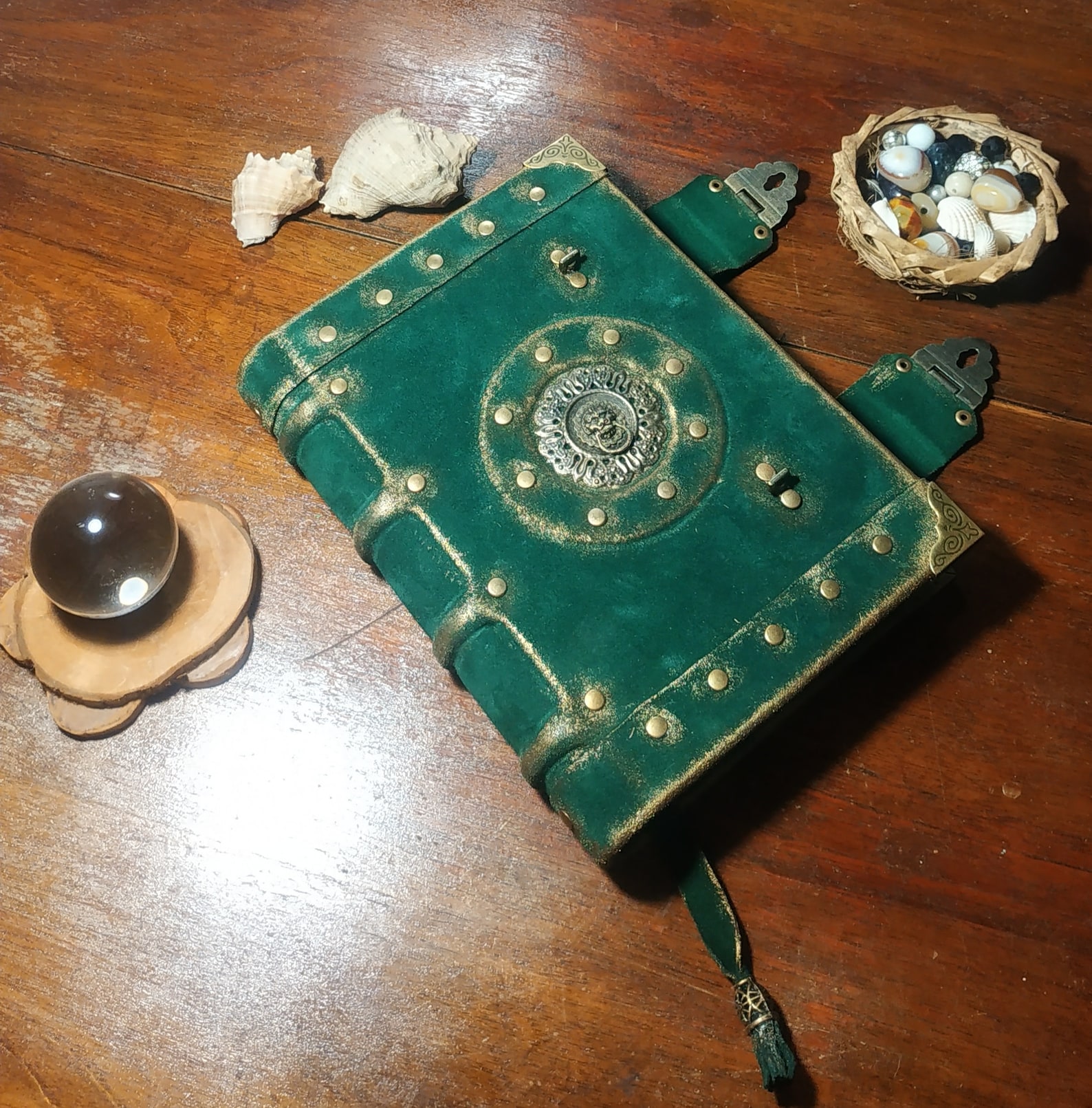 Green and Gold Leather Book Leather Aged Grimoire Vintage Emerald Green ...