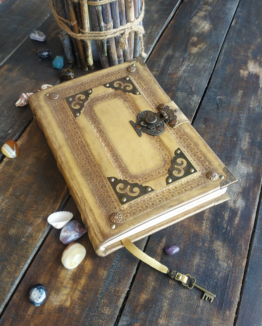 Leather Notebook Vintage Gold Book Unique Book of Shadows Handmade Gold ...