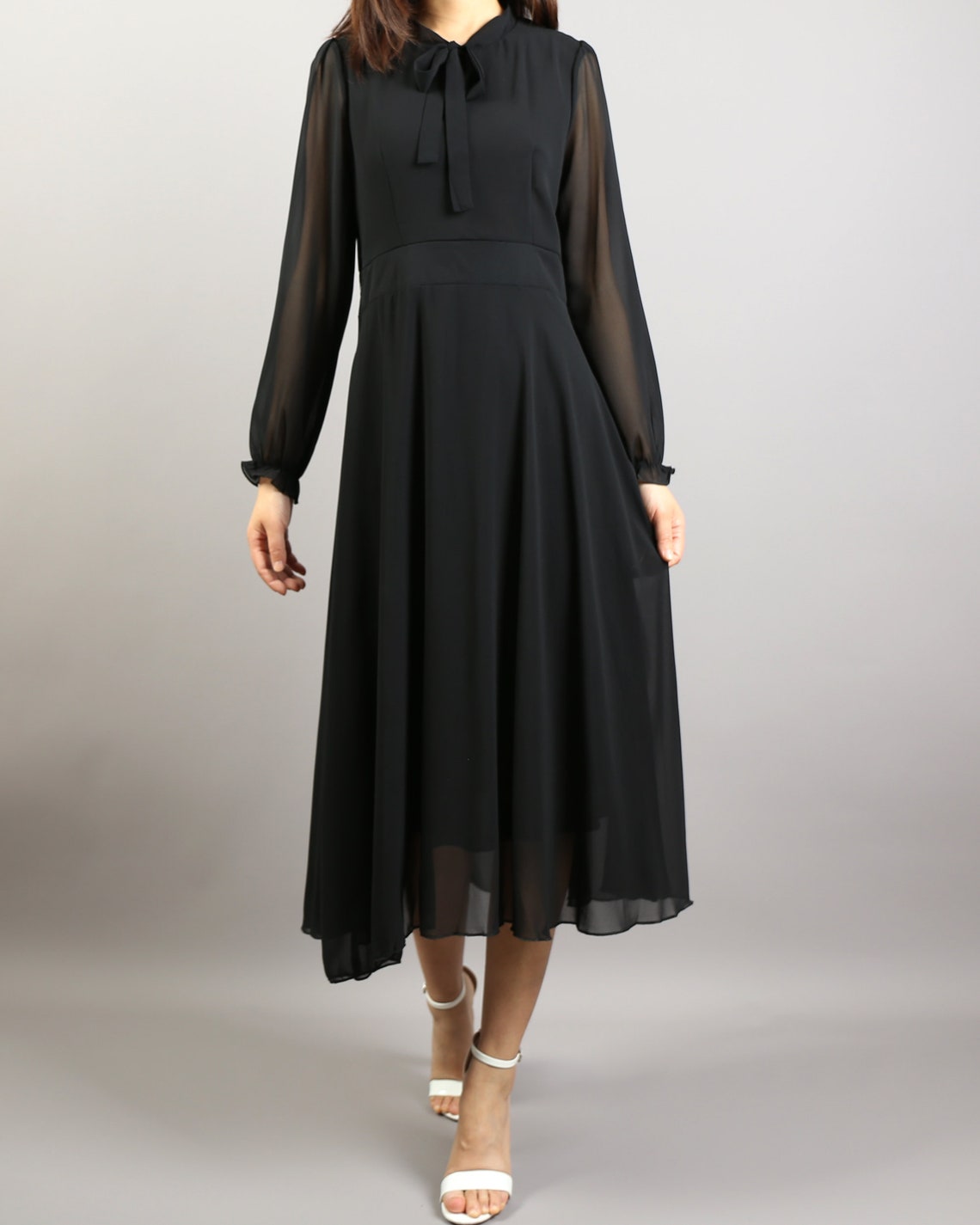 Chiffon Dress Long Sleeve Dress Black Dress Midi Dress - Etsy
