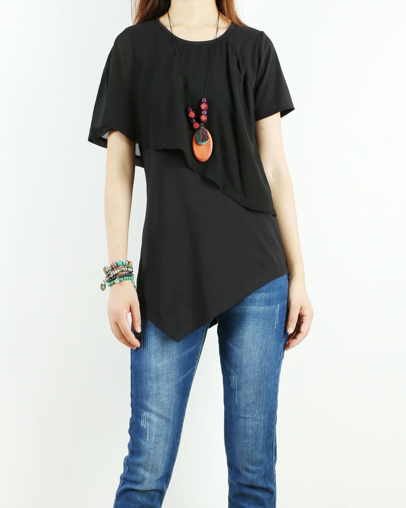 Short Sleeve Cotton and Chiffon Top Asymmetrical Layered - Etsy