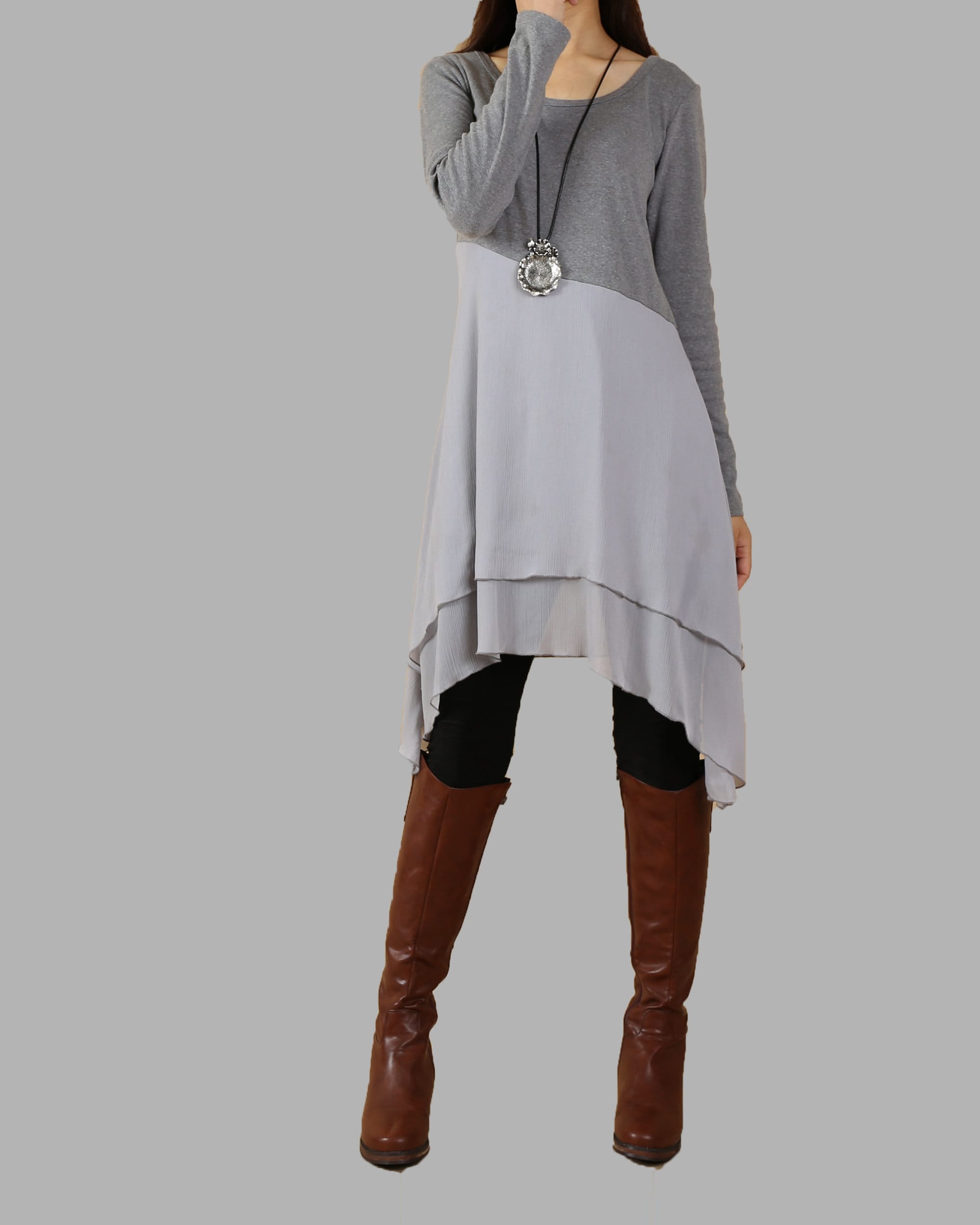 Long Sleeve Tunic Top Cotton and Chiffon Tunic Dress Crew | Etsy