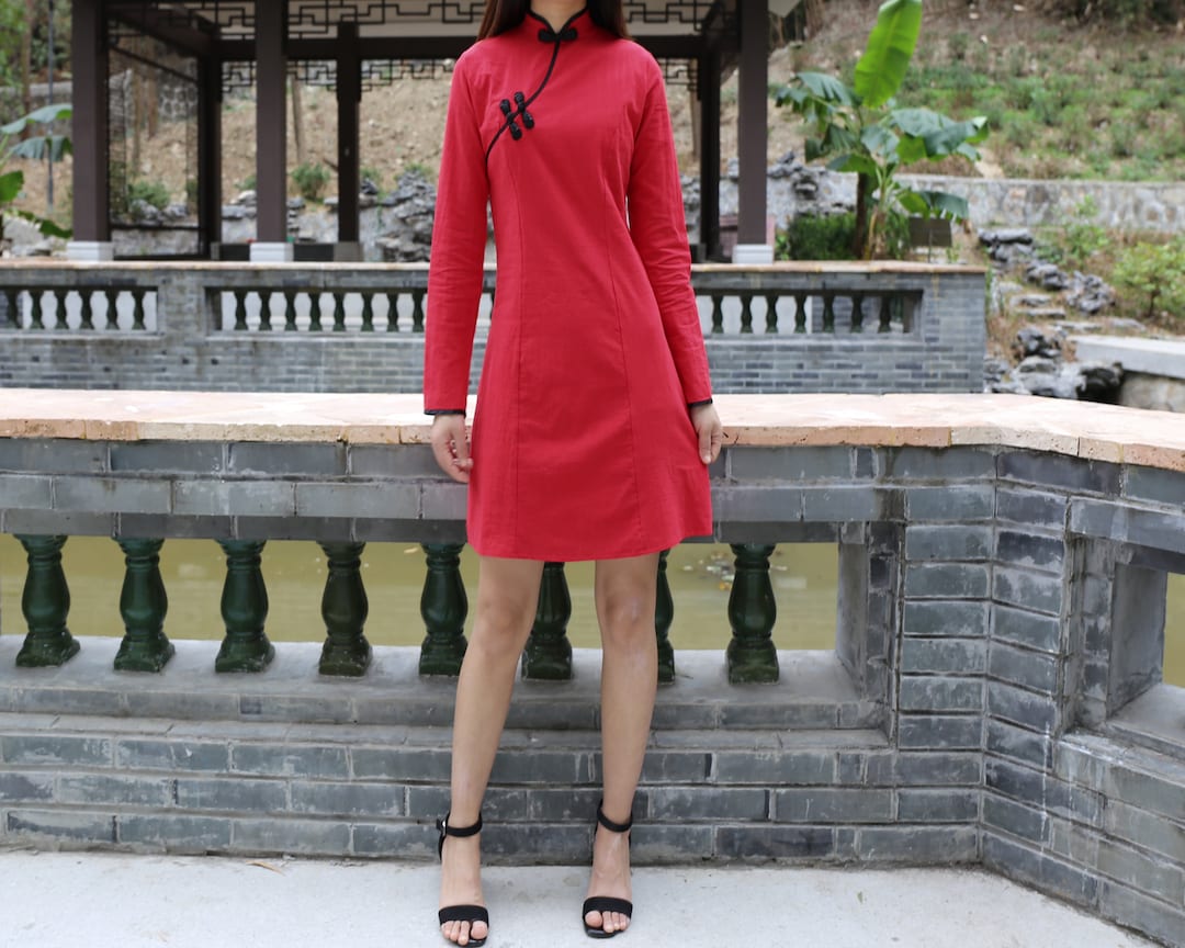Cheongsam Dress, Linen Dress, Long Sleeve Dress, Chinese Vintage Dress ...