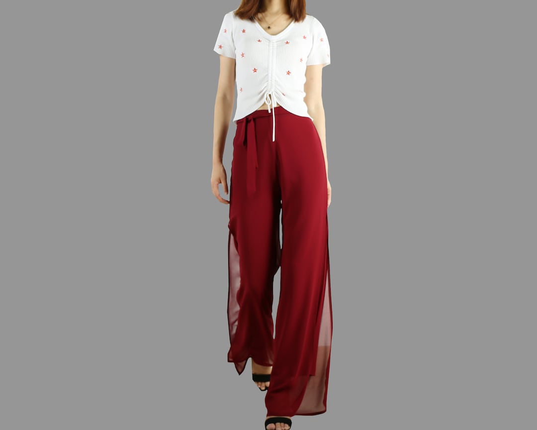 Women's Chiffon Pants, Elastic Waist Pants, Straight Leg Trousers, High ...