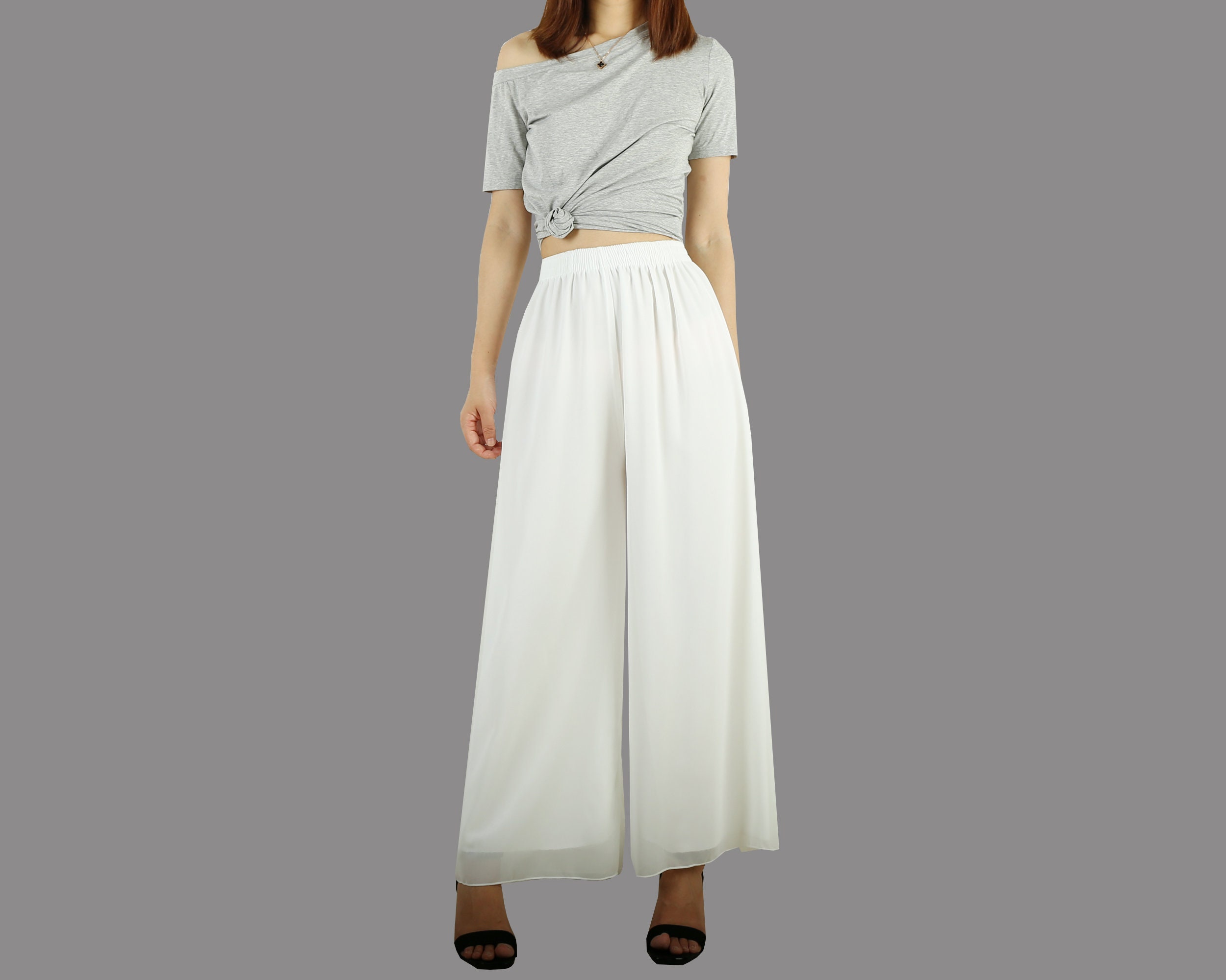 Women's wide leg chiffon pants elastic waist trousers | Etsy