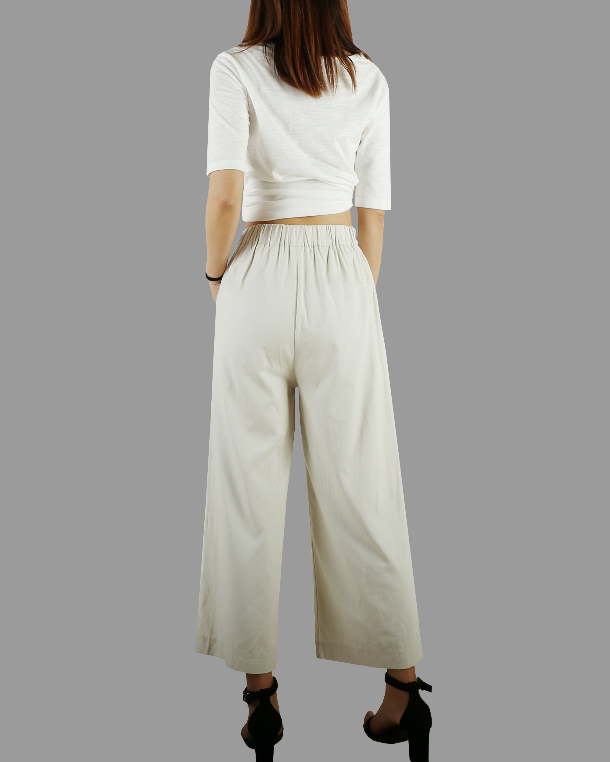Cropped Pants for Women Wide Leg Linen Pants Elastic Waist - Etsy