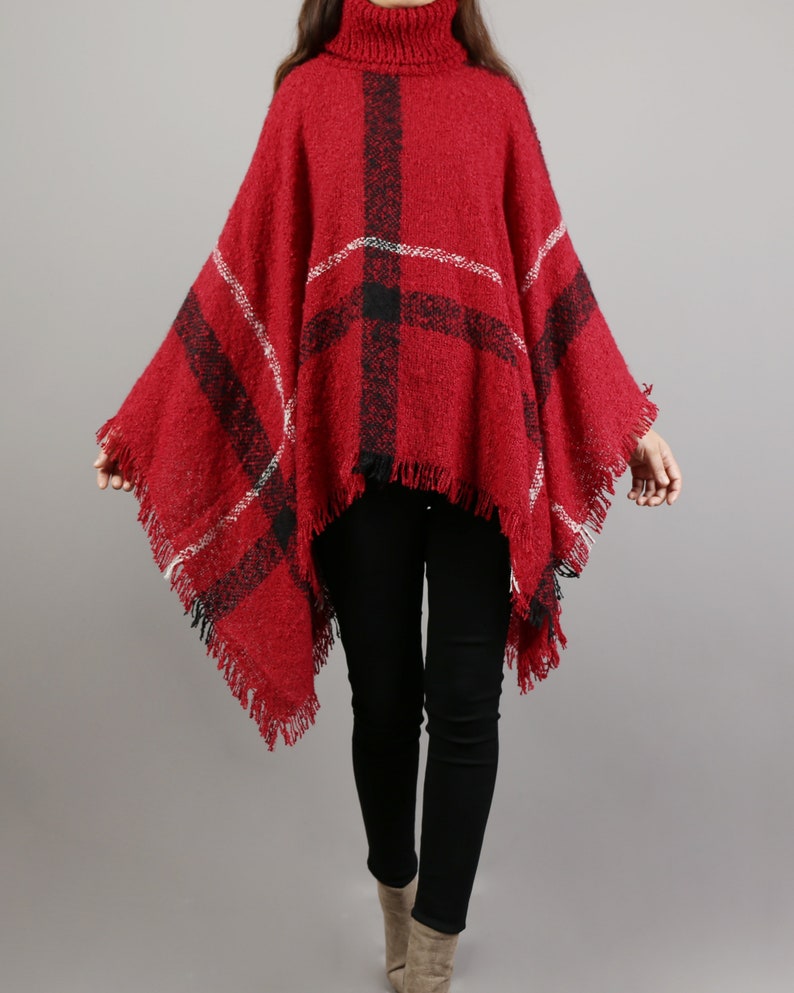 Plaid Turtleneck Poncho: Oversized Boho Cotton-acrylic Blend - Etsy