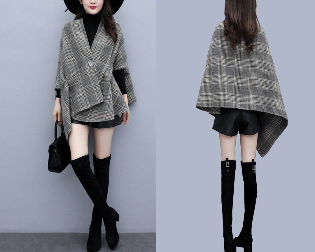 Plaid Poncho, Cape Coat, Wool Poncho, Plaid Coat, Wool Cloak Coat, Wool ...