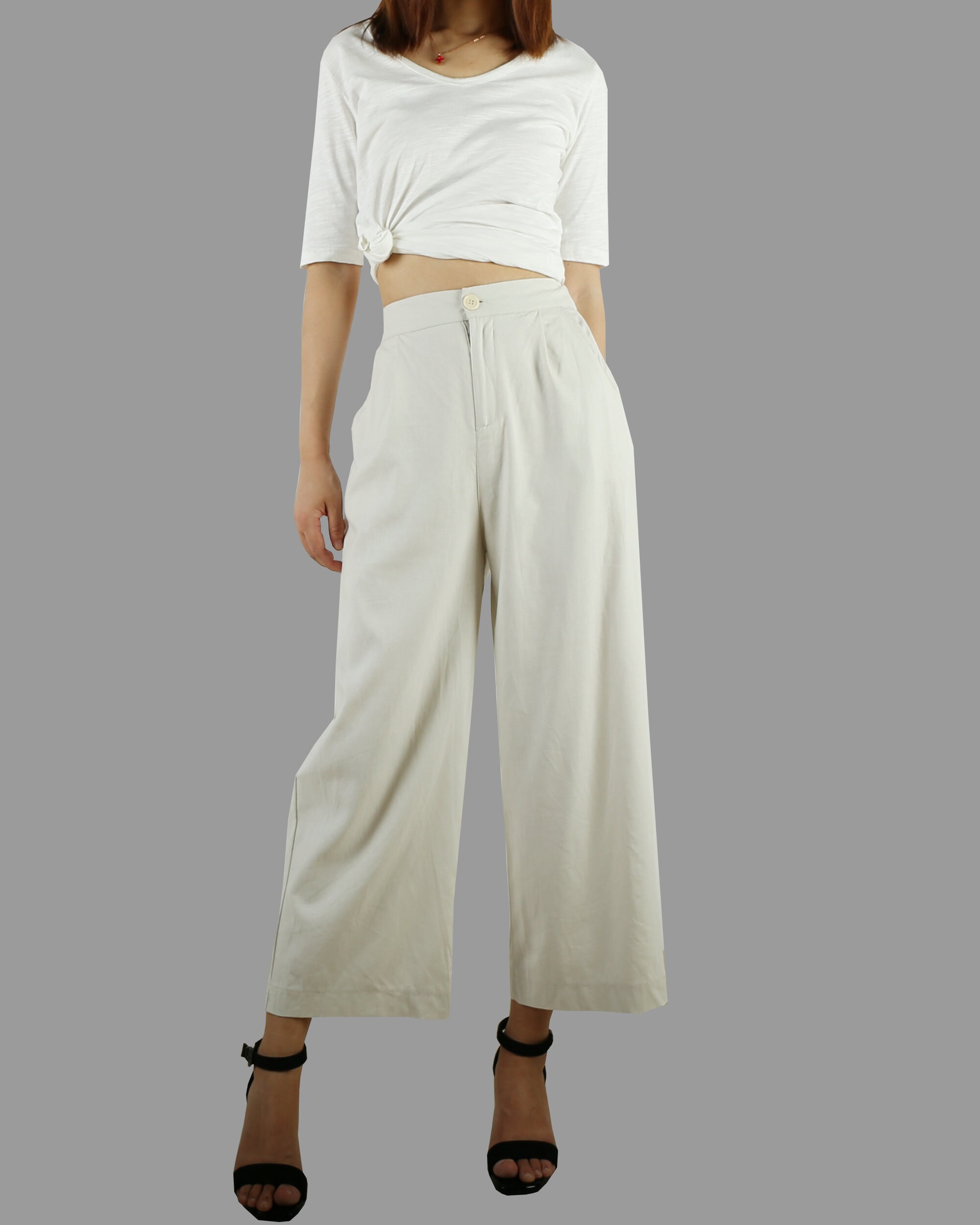 Cropped Pants for Women Wide Leg Linen Pants Elastic Waist - Etsy