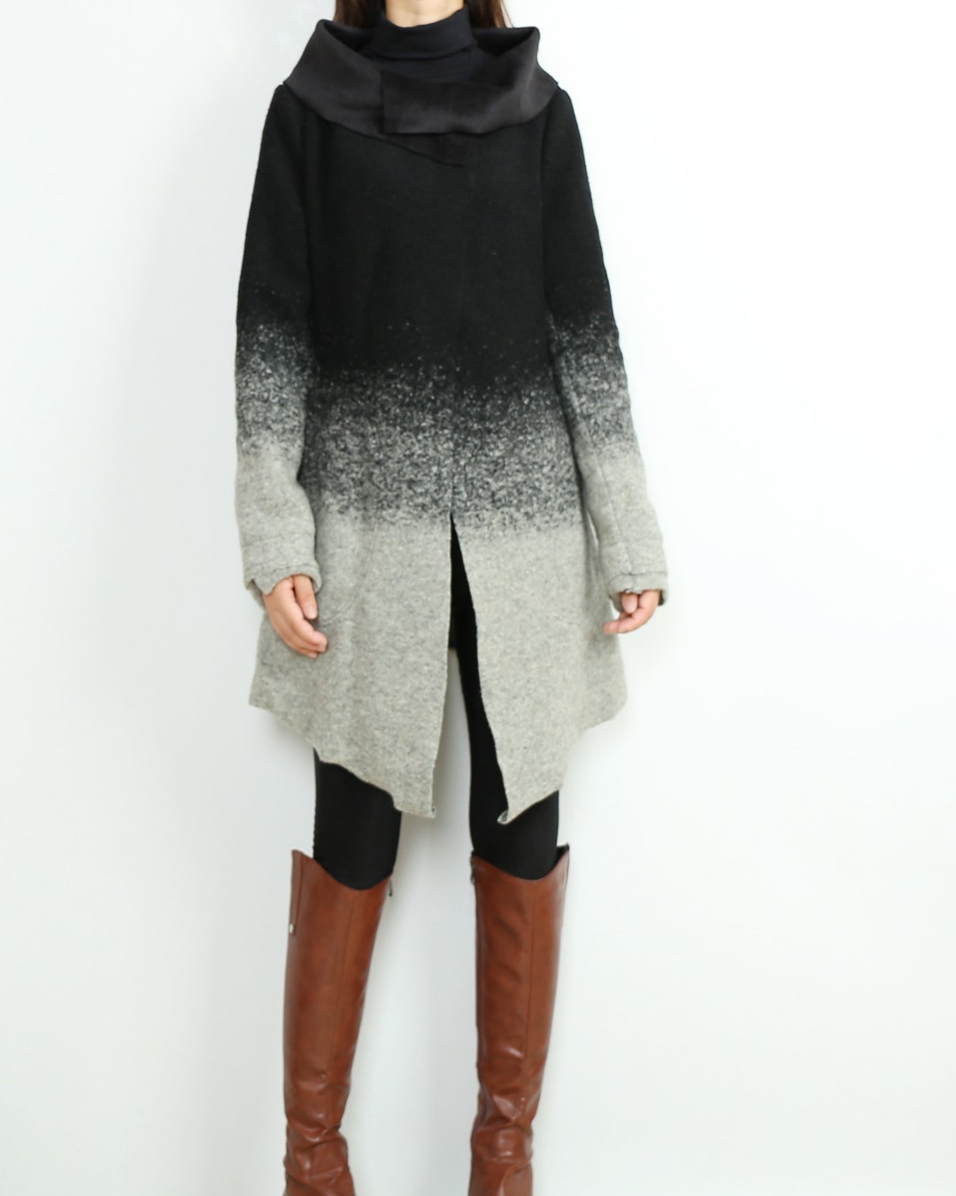 Womens Wool Coat and Cotton Top Set, Gradient Color Coat, Long Sleeve T ...