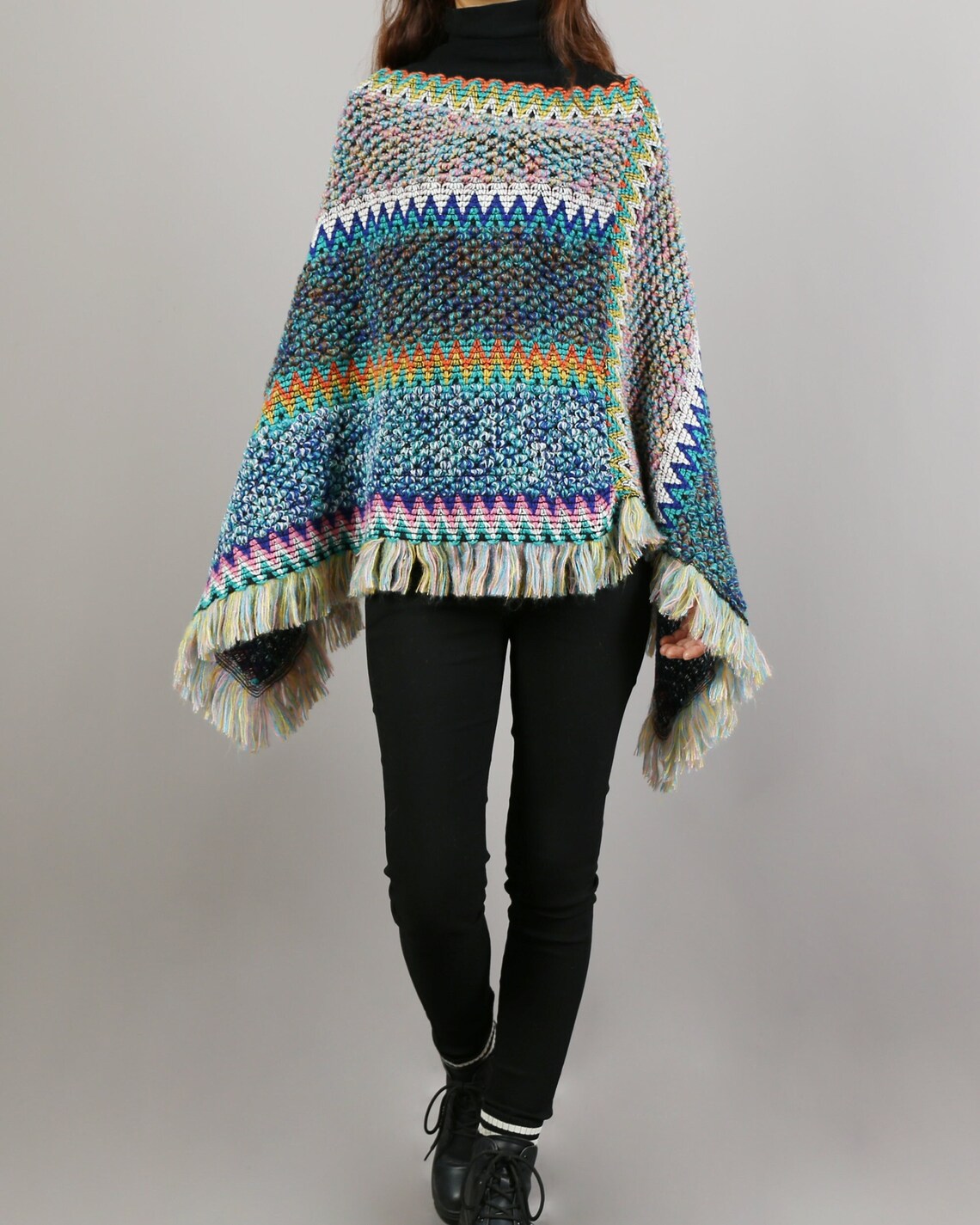 Knits Poncho Women Boho Wool Shawl Cape Top Colorful - Etsy