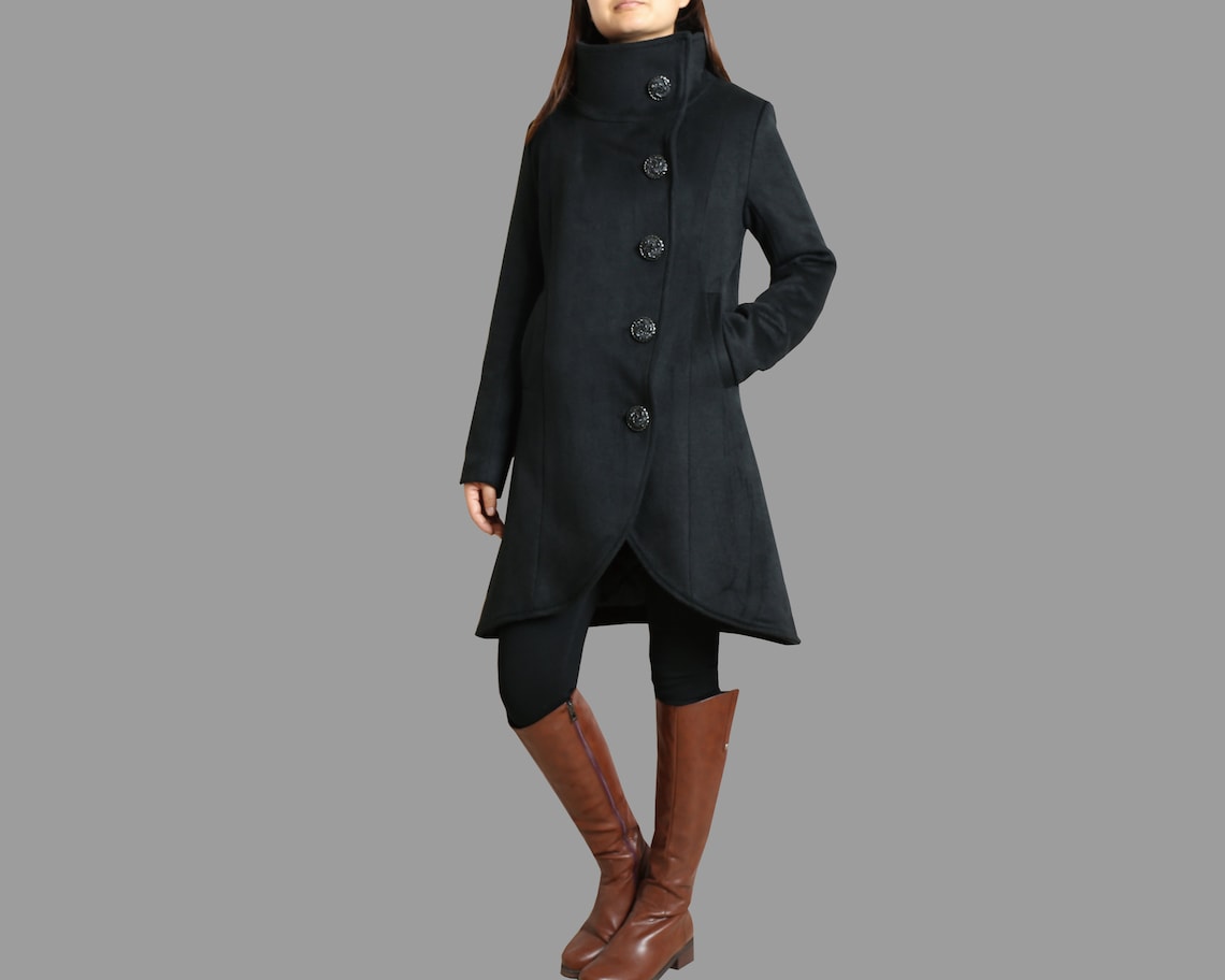 Winter Coat Women High Neck Wool Coat Cashmere Coat Button - Etsy