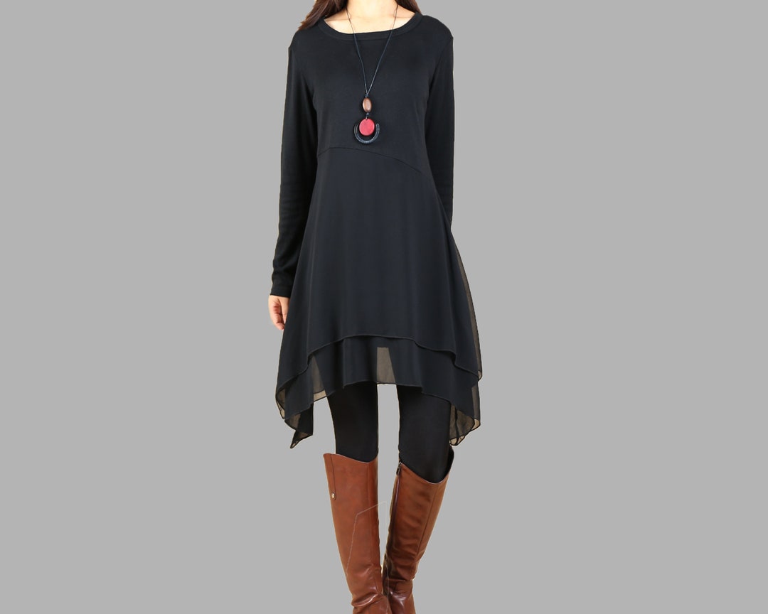 Cotton and Chiffon Tunic Dress, Long Sleeve Tunic Top, Crew Neck Dress ...