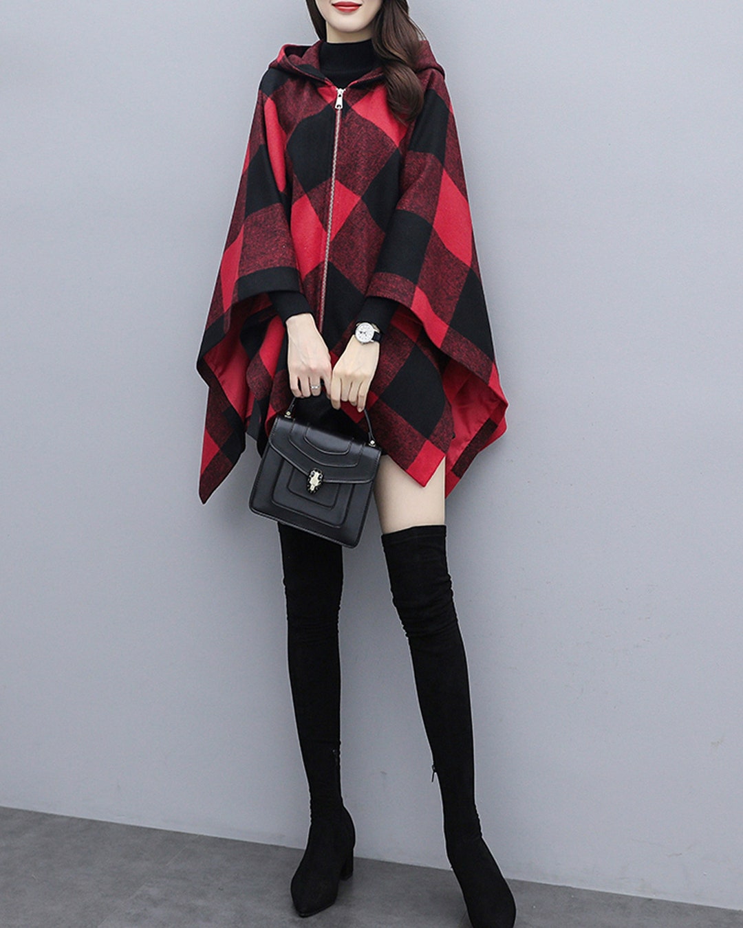 Plaid Poncho Cape Coat With Hood Wool Poncho Plaid Coat - Etsy