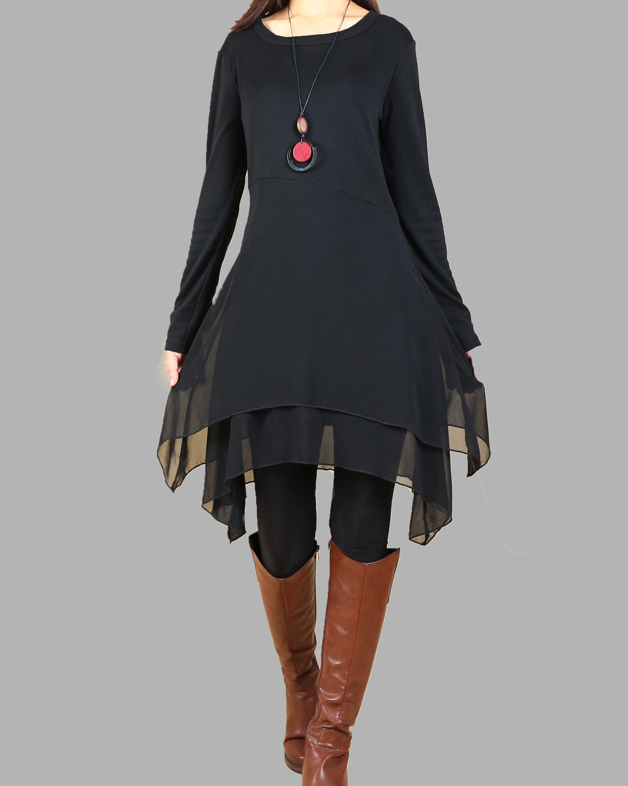 Cotton and Chiffon Tunic Dress Long Sleeve Tunic Top Crew - Etsy