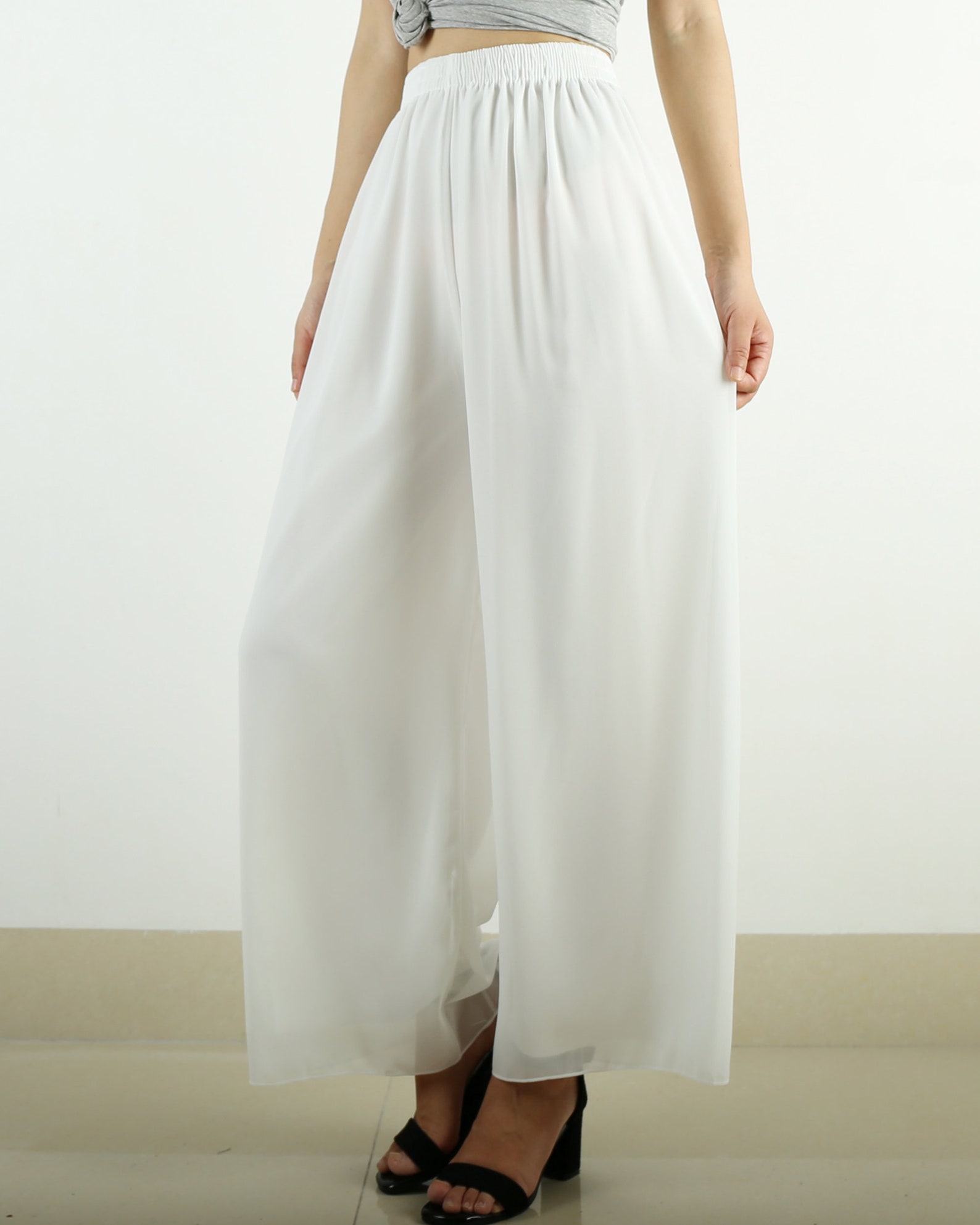 Womens Wide Leg Chiffon Pants Elastic Waist Trousers Etsy
