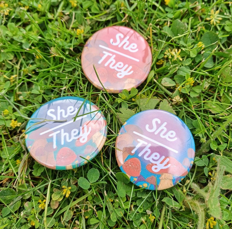 Pronoun Badges - She/they LGBTQIA+ Choice of 3 Colours (37mm) - Etsy