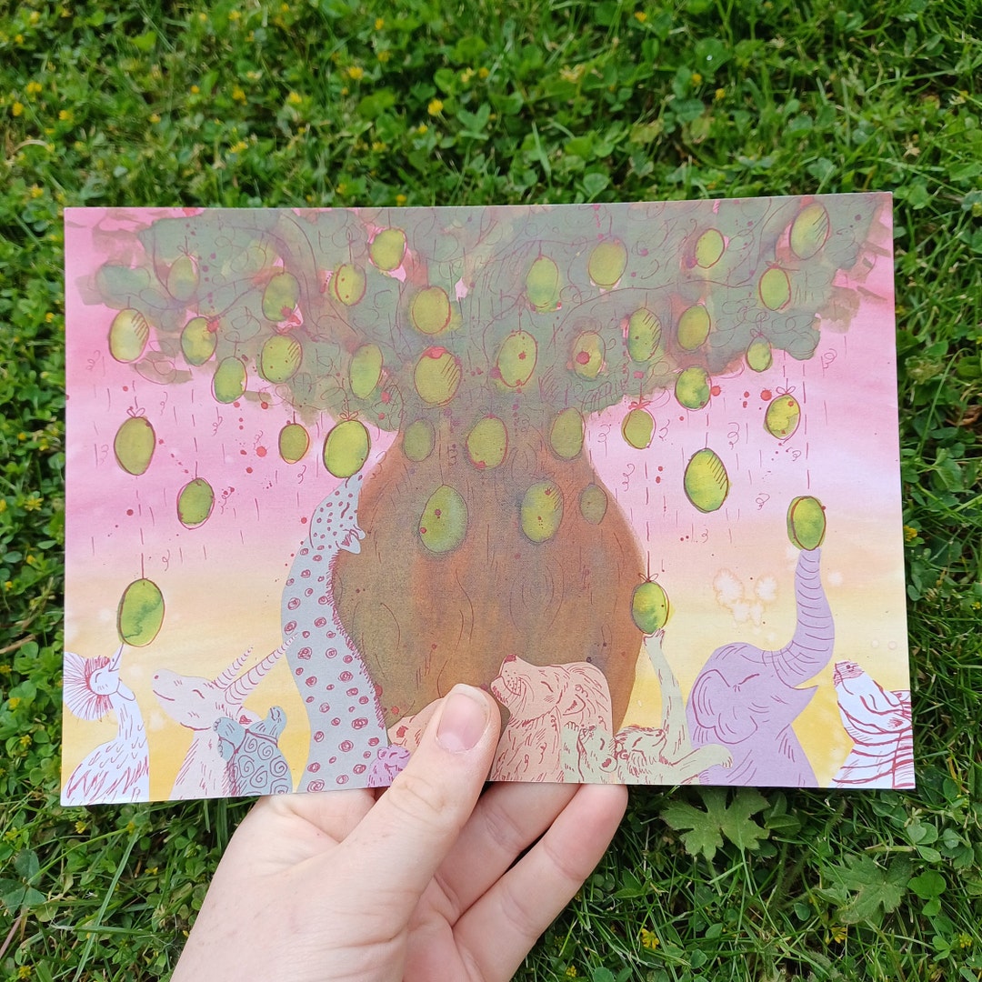 Baobab Tree and Animals, Ink and Watercolour A5 Print on 100% Recycled ...