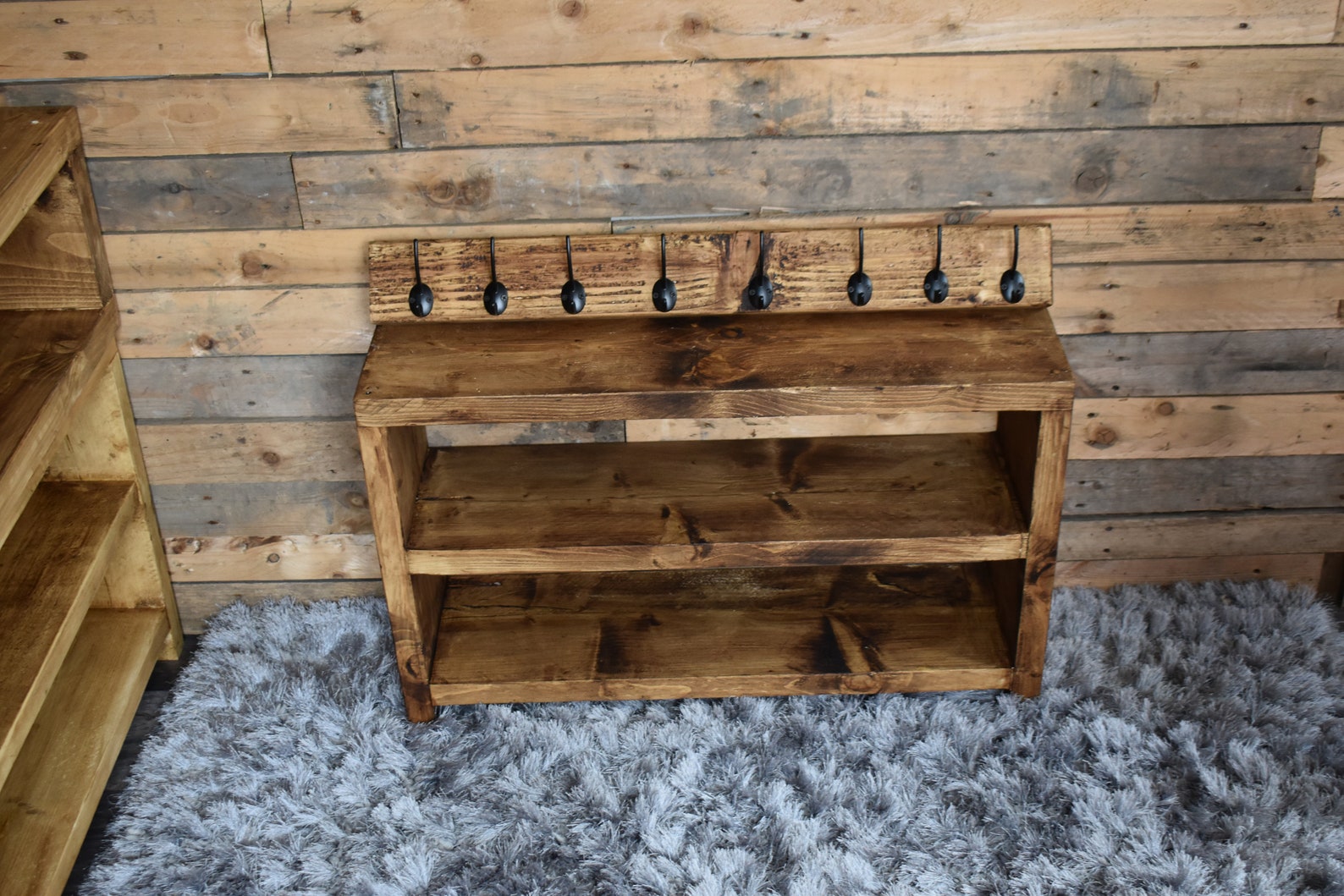 Rustic Farmhouse Reclaimed Pine Wood Shoe Rack With Coat Hook - Etsy UK
