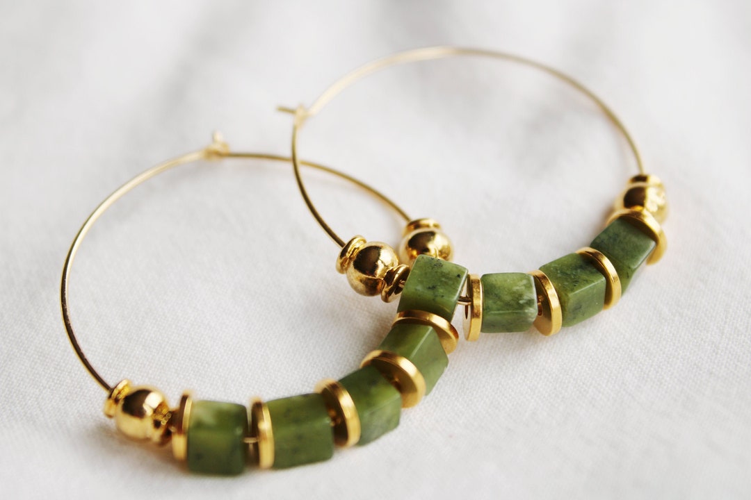 Jade Cube Creole Earrings/natural Stones/24k Gold Plated - Etsy