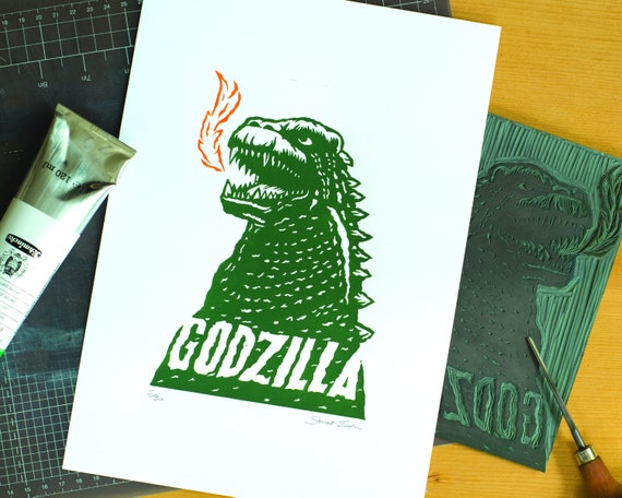 Godzilla Linocut print A4 | Etsy