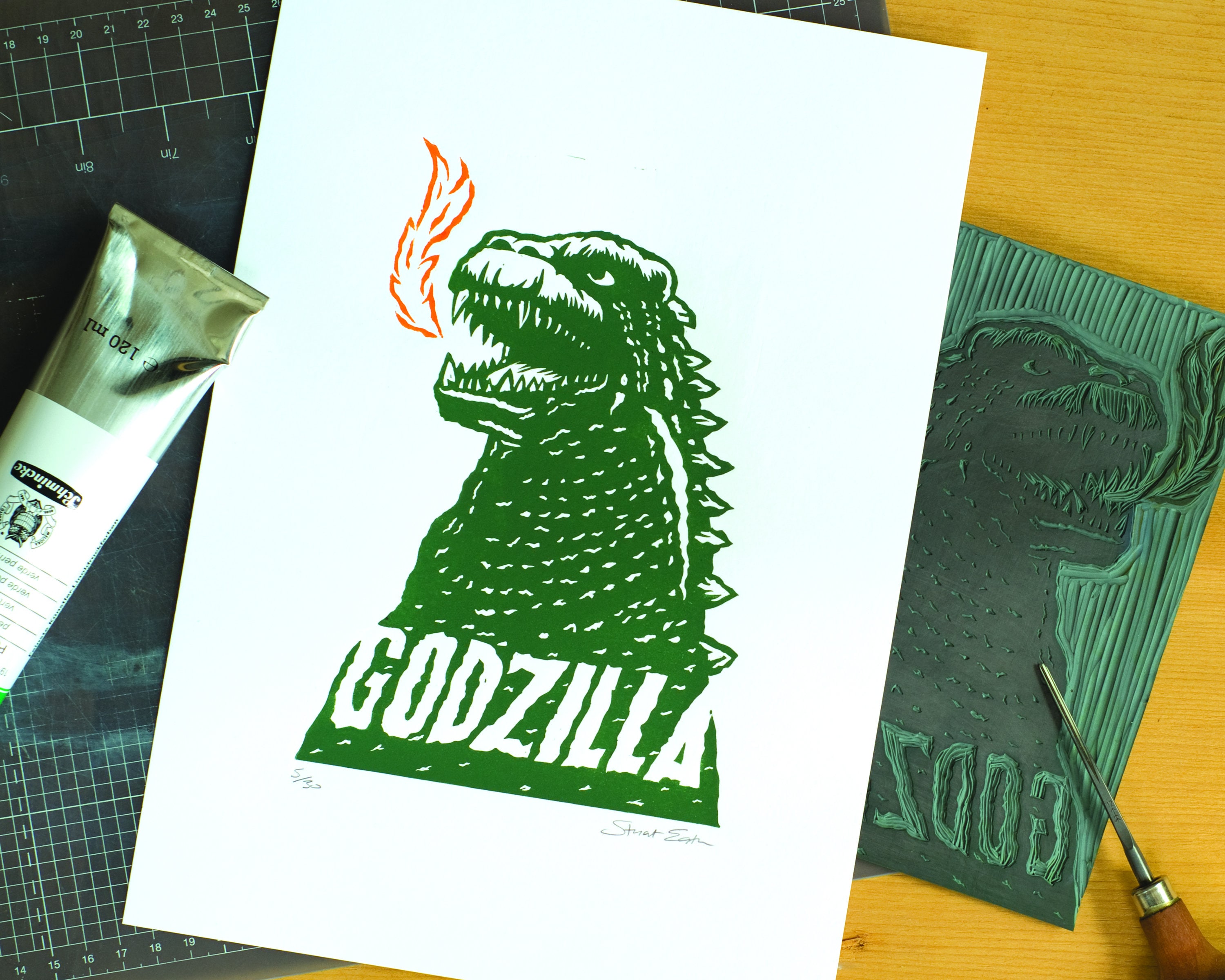 Godzilla Linocut Print, A4 - Etsy