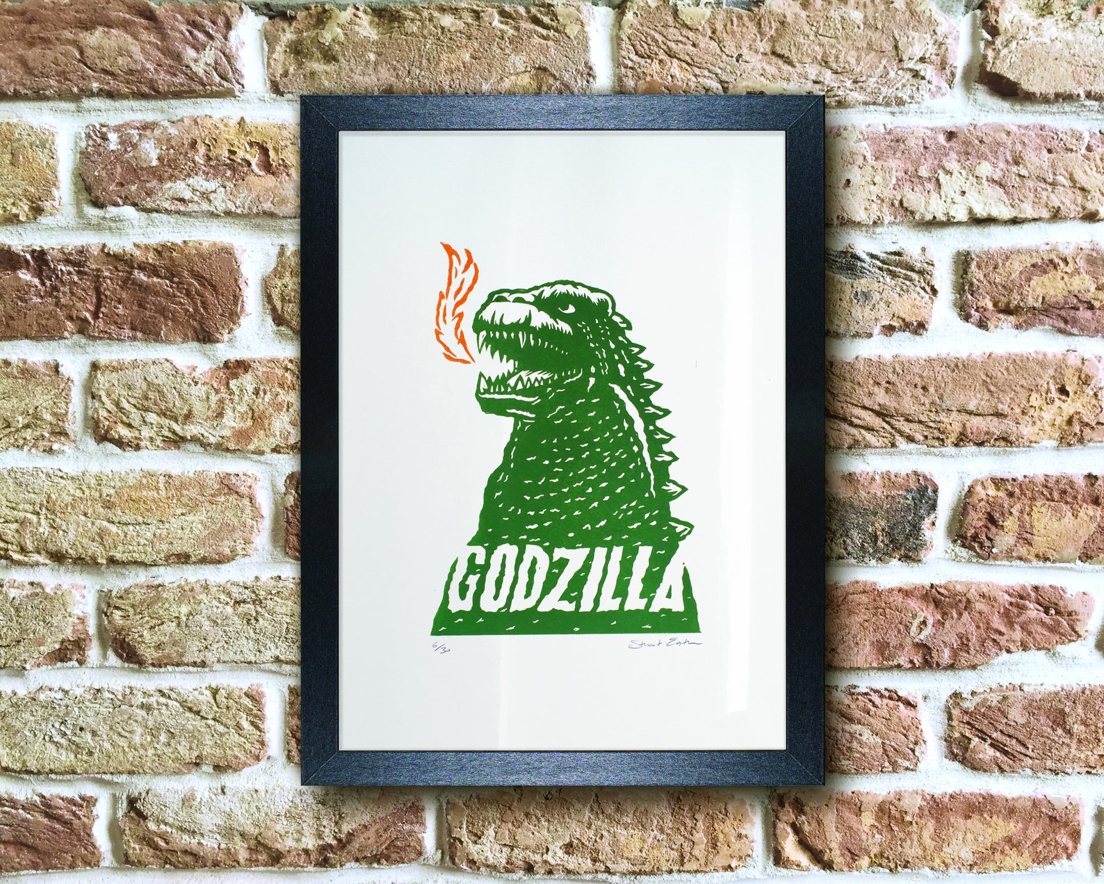 Godzilla Linocut Print, A4 - Etsy