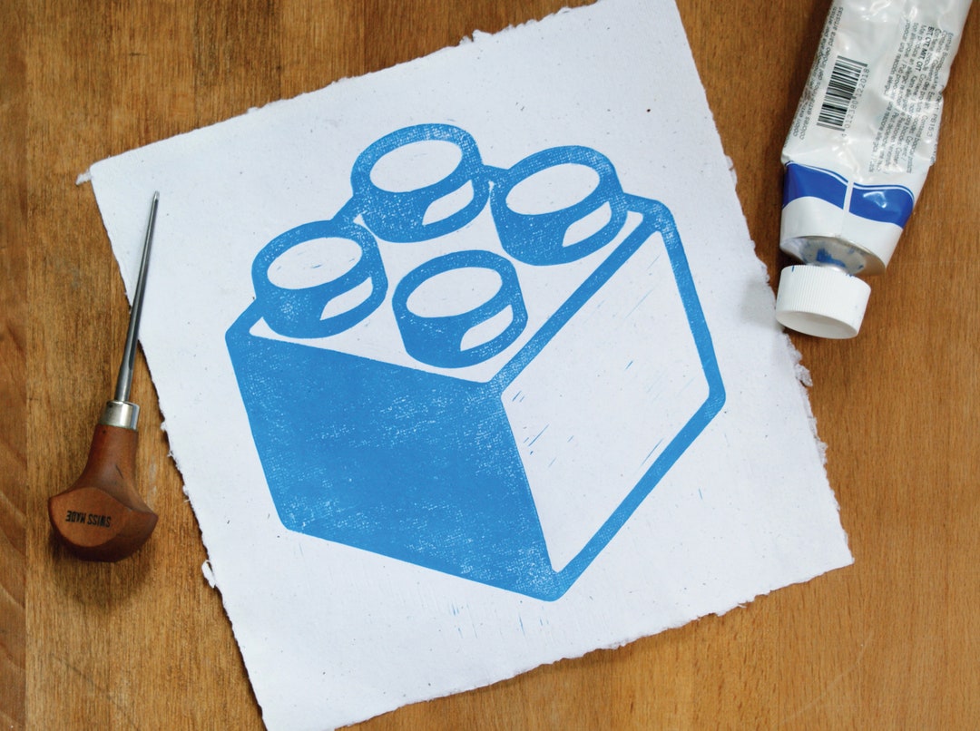 Blue Lego Brick Linocut Print on Handmade Paper, 210mm X 210mm - Etsy