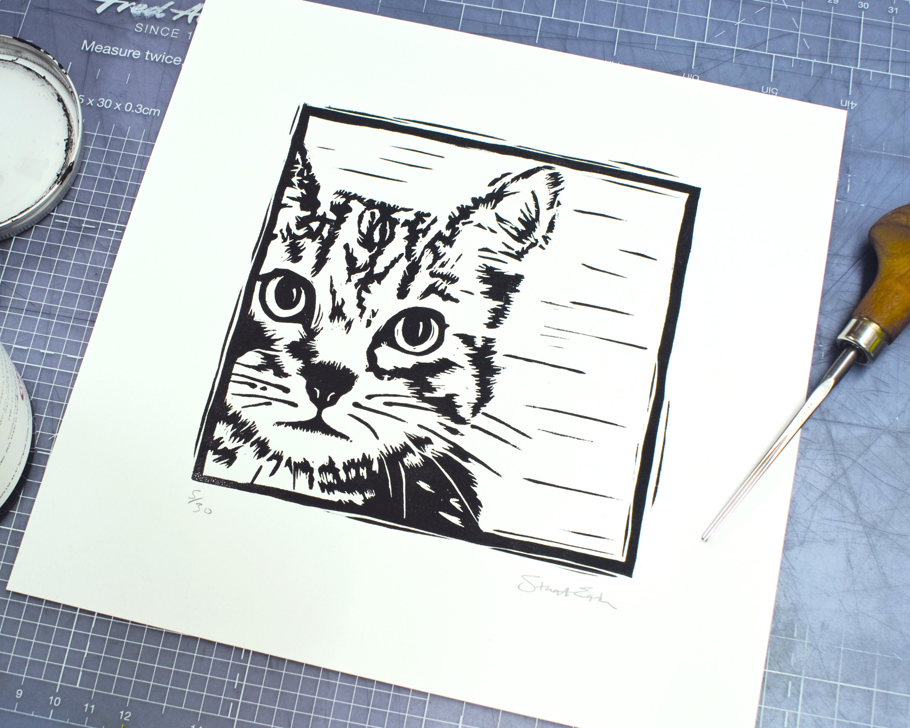 Tabby Cat Linocut Print, 210mm X 210mm - Etsy