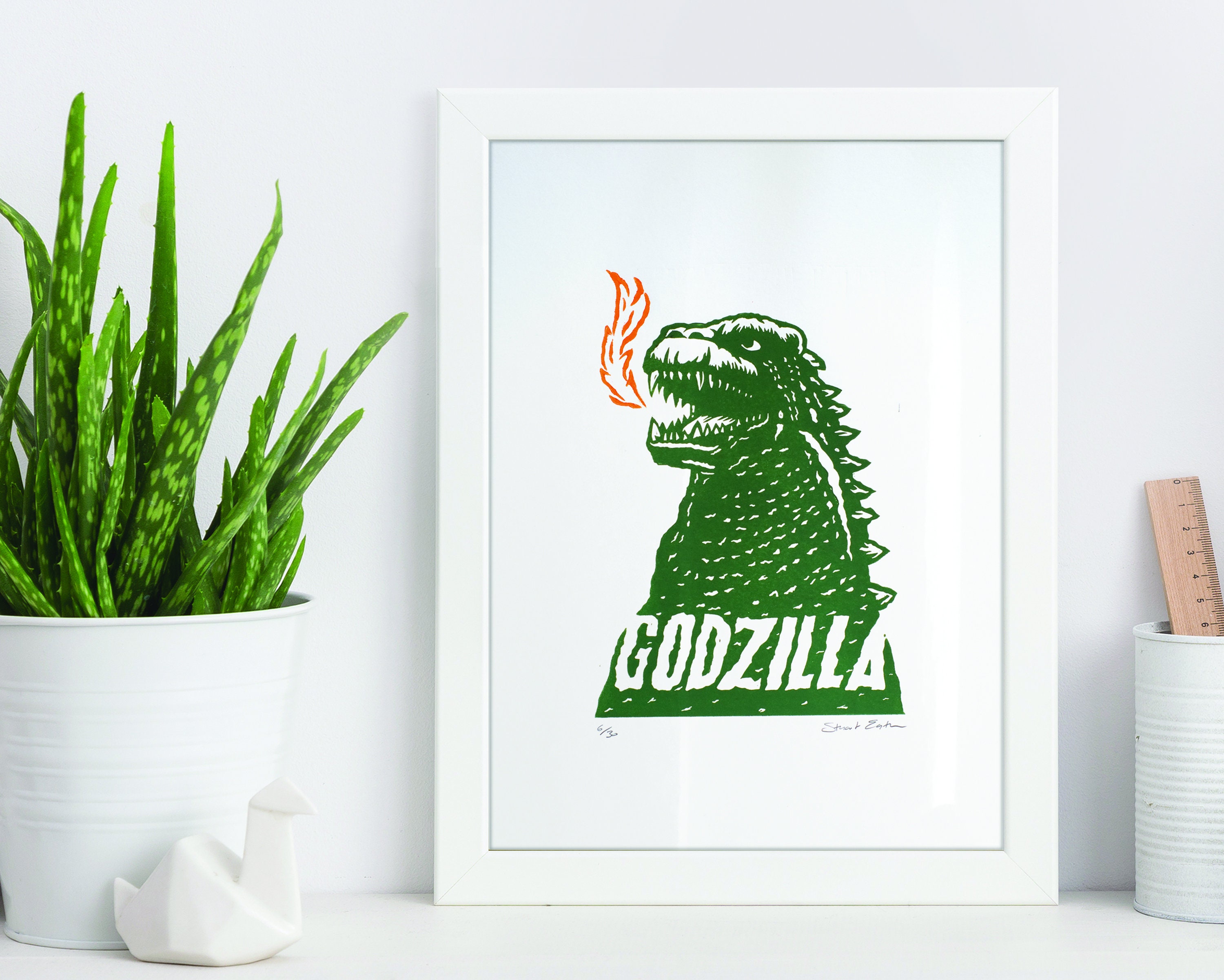 Godzilla Linocut print A4 | Etsy