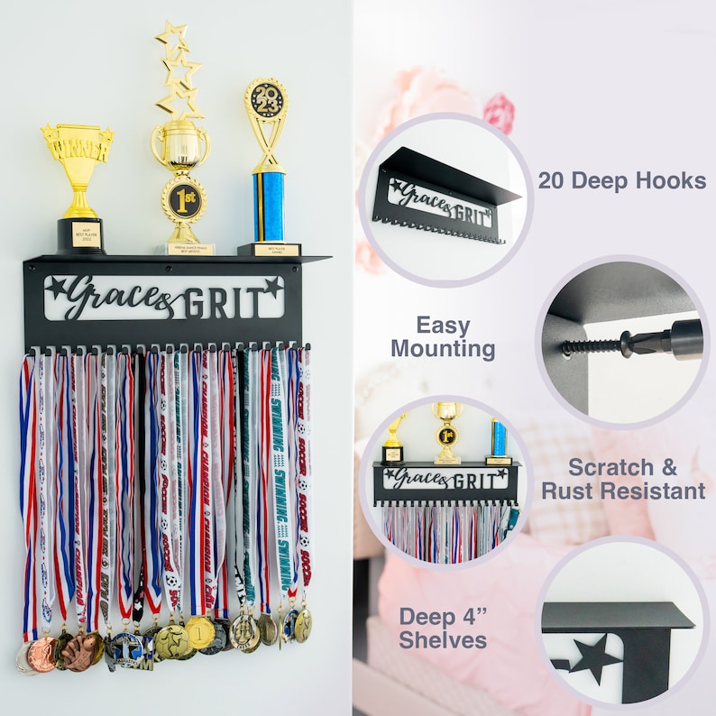 Grace & Grit Sports Medal Hanger – Trophy Shelf With Inspirational ...