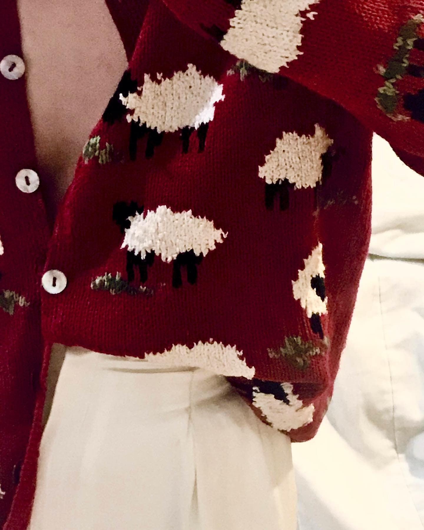 Hand-knit Grazing Sheep Intarsia Sweater Cardigan With Mother of Pearl ...