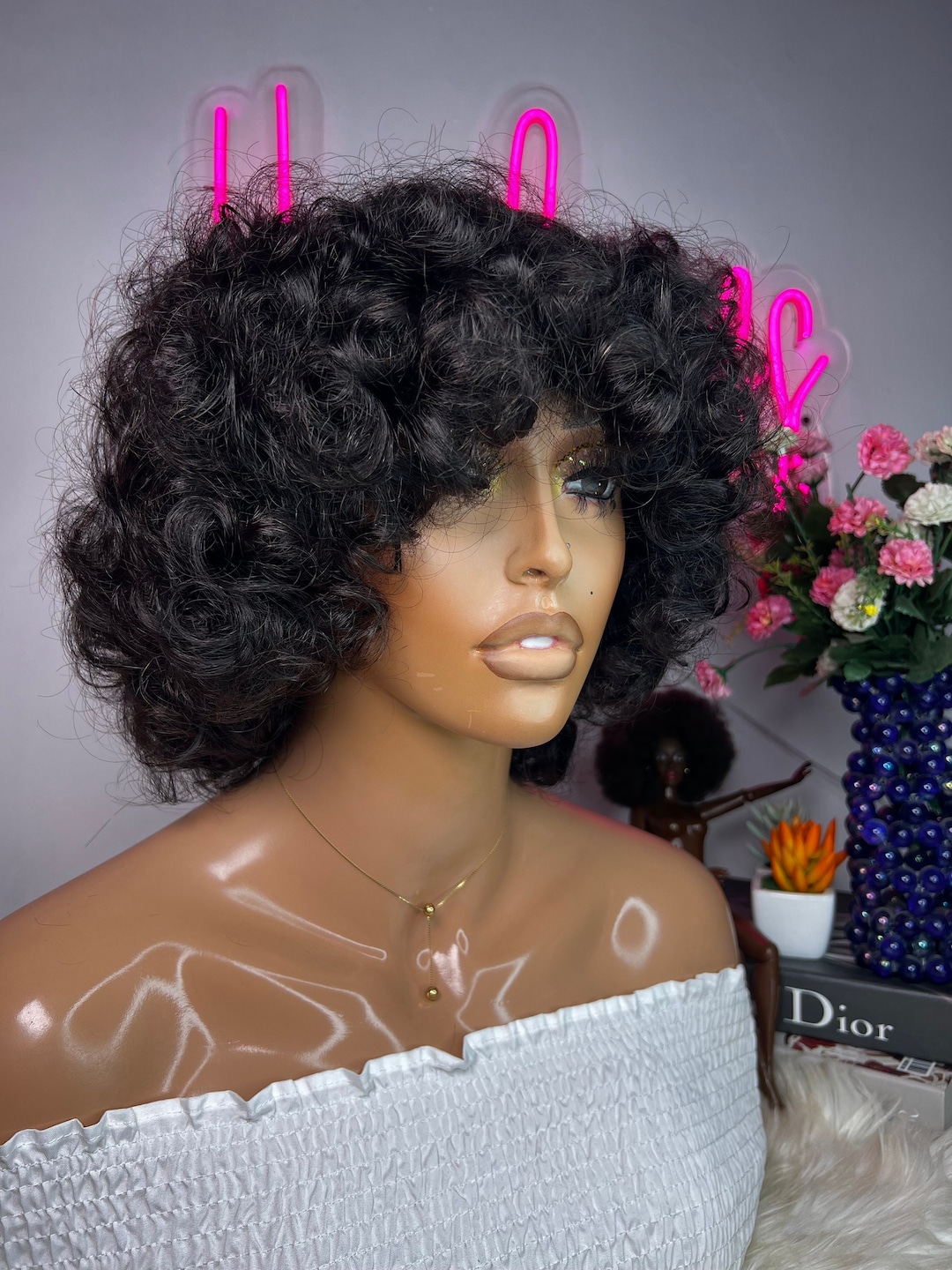 Fringe Bouncy Wig With Bangs 100% Human Hair, No Closure, Natural Color ...