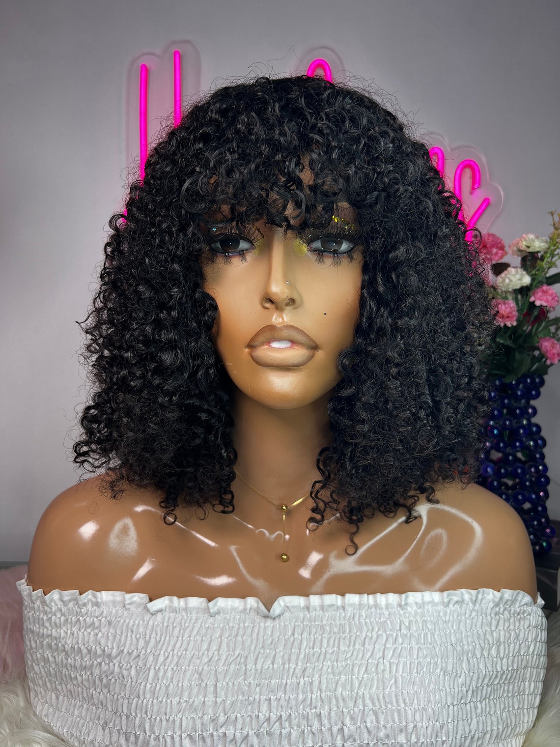 100% Human Hair Pissie Water Curl With Bangs No Closure Custom Made Wig ...