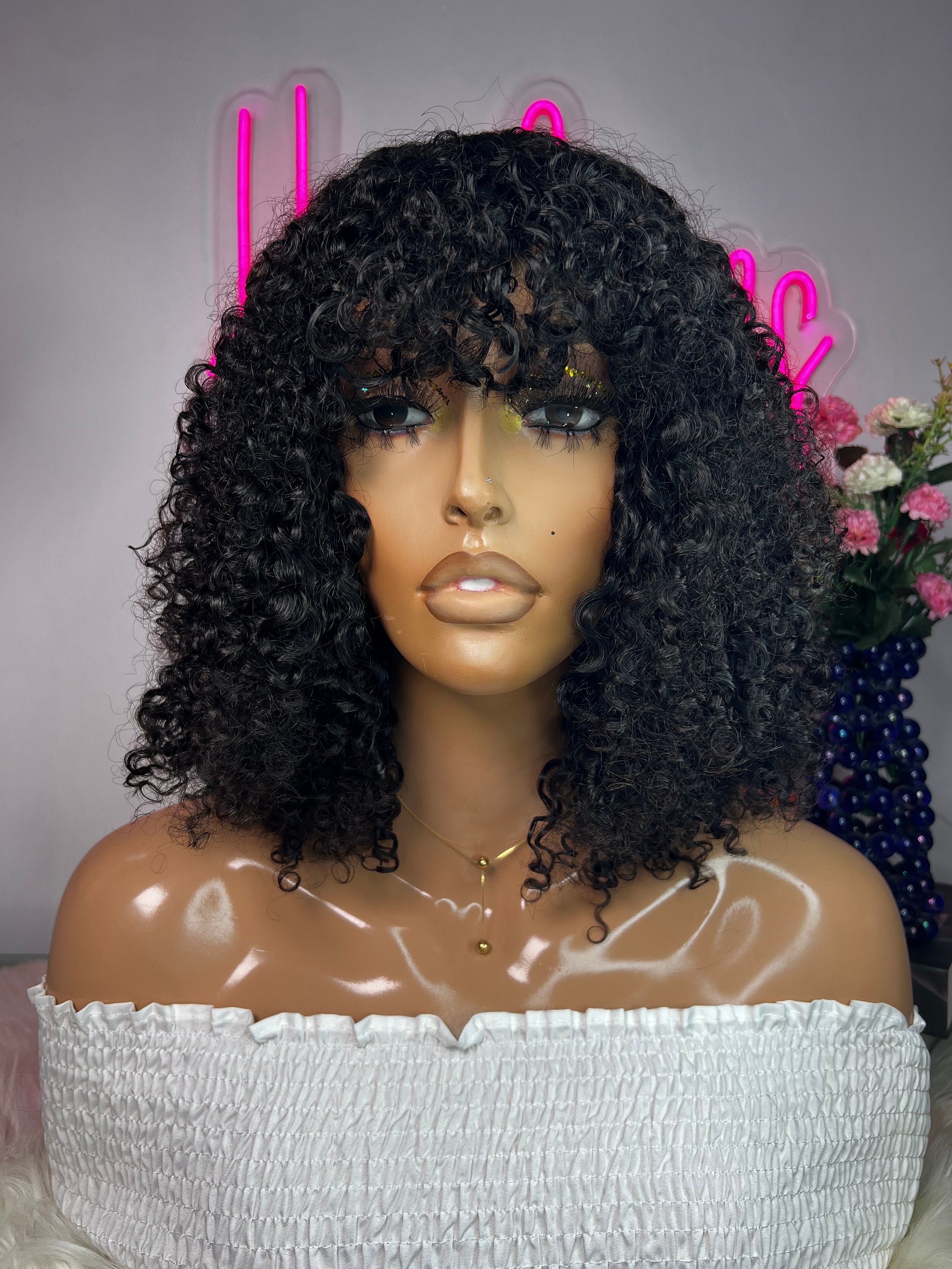 100% Human Hair Pissie Water Curl With Bangs No Closure Custom Made Wig Ready to Ship - Etsy