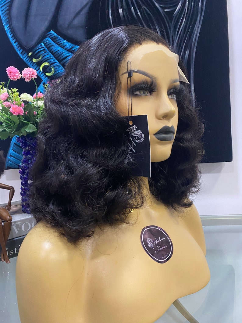 100% Real Human Hair Wig 5x5 Transparent Closure Lace Wig Bouncy Wig With Bangs Glue-less Custom ...