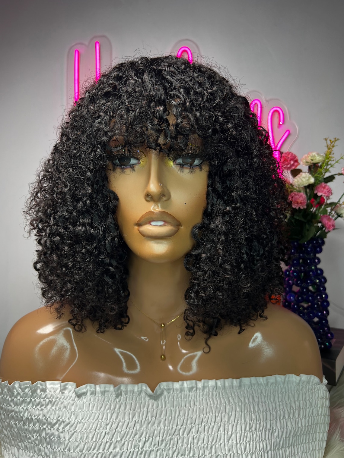 100% Human Hair Pissie Water Curl With Bangs No Closure Custom Made Wig ...