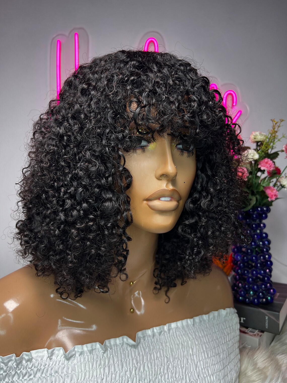 100% Human Hair Pissie Water Curl With Bangs No Closure Custom Made Wig Ready to Ship - Etsy