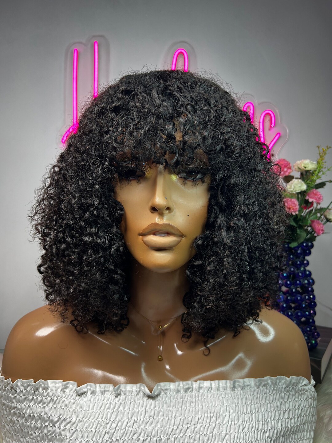 100% Human Hair Pissie Water Curl With Bangs No Closure Custom Made Wig ...
