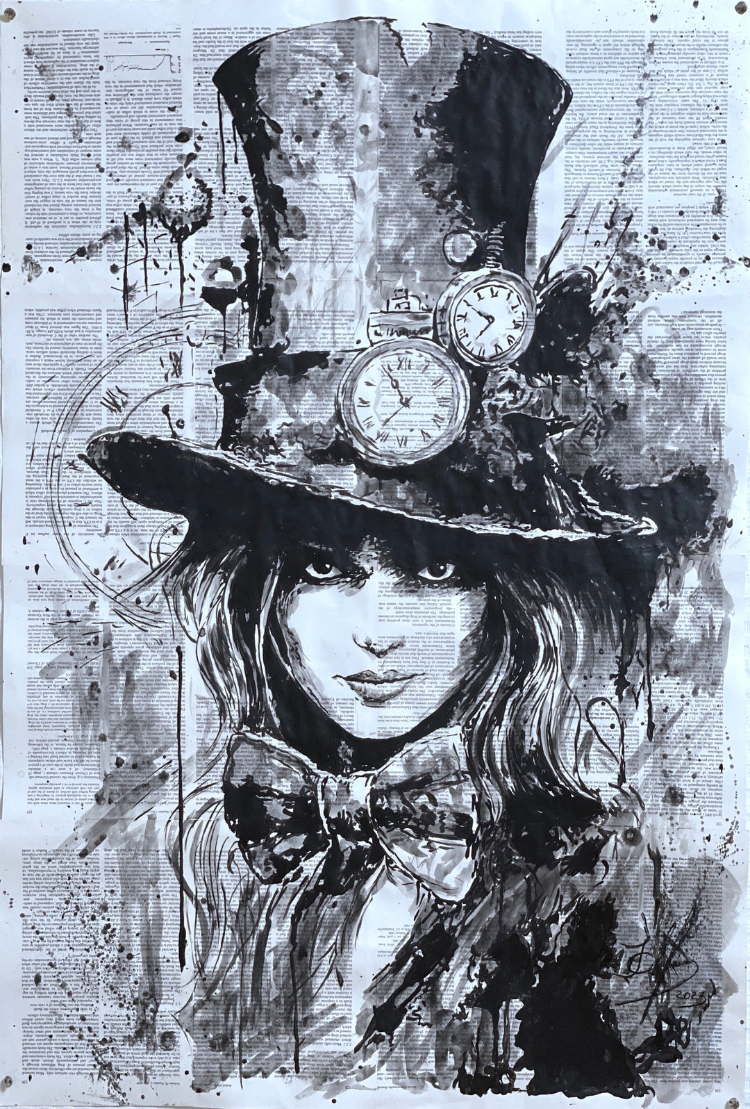 Alice in Wonderland Painting, Mad Hatter Portrait on Old Book Pages - Etsy