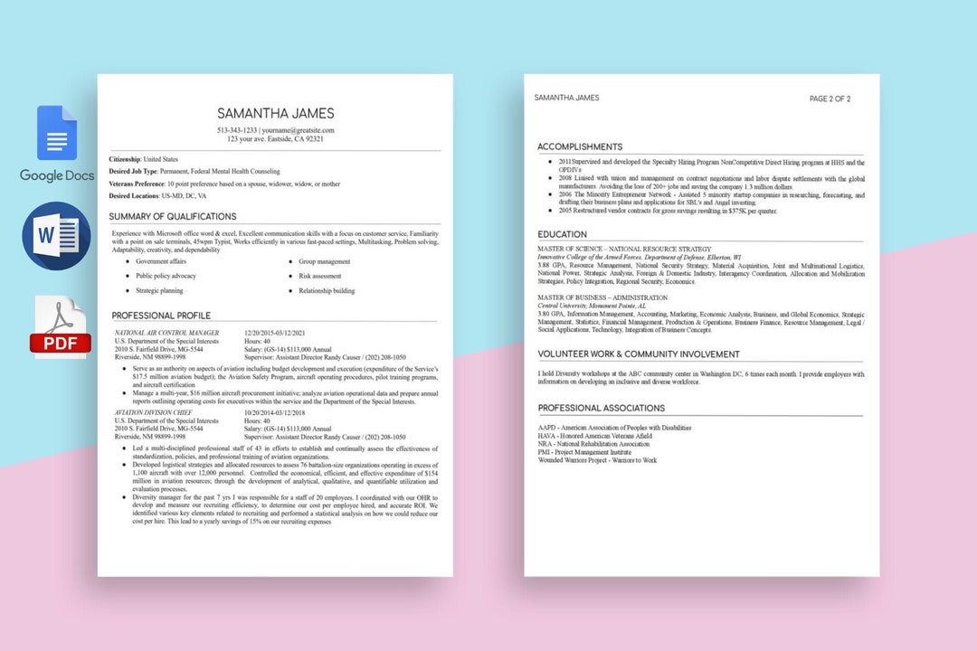 Government Federal Resume Template | Professional Resume | Google Docs ...